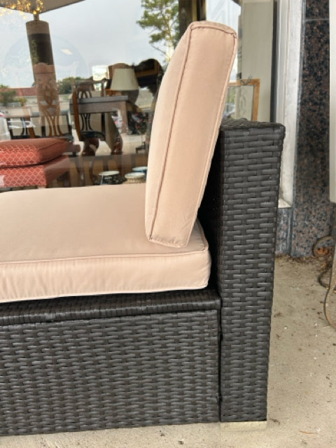 NEW Pair of Woven Outdoor Chairs with Light Tan Cushions & Glass Top C ...